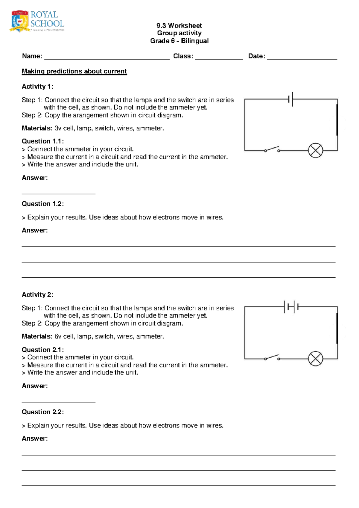 9.3 Grade 6 Worksheet: Measuring Current Flow in Circuits - Studocu
