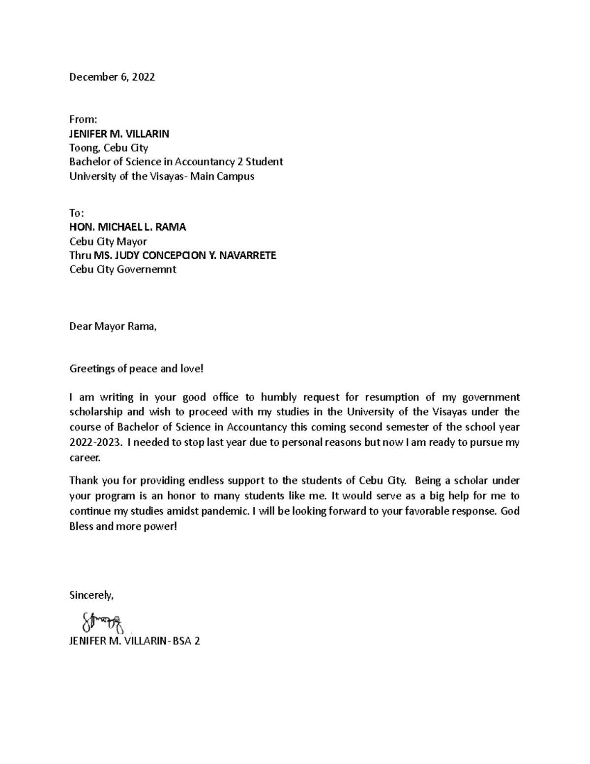 Request Letter for Resumption of Scholarship - BS Accountancy 2 - Studocu