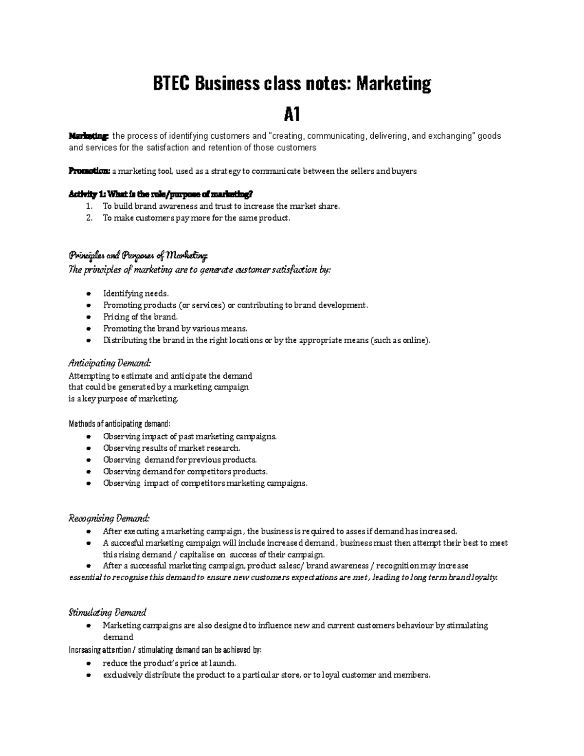 BTEC Business Marketing Notes: Understanding Marketing Principles and ...