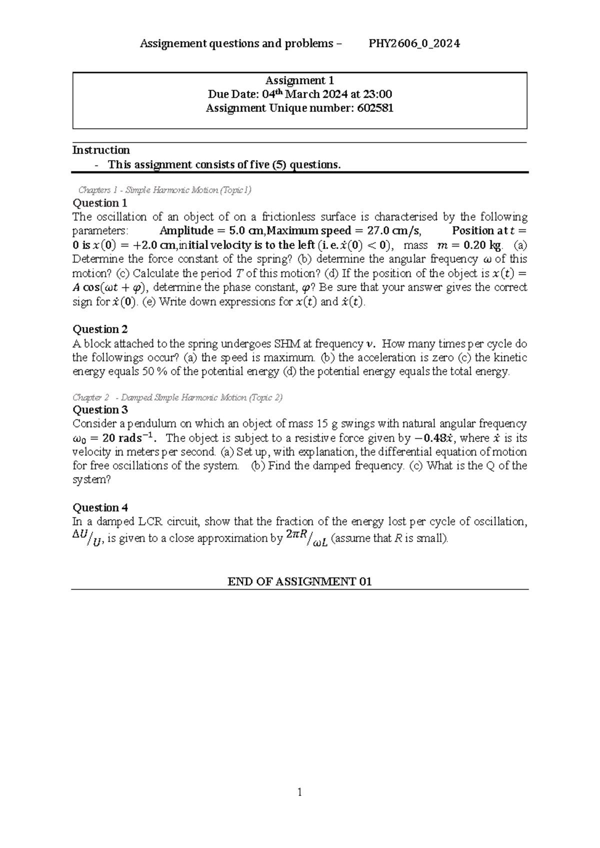 Assignment Questions and Problems for PHY101: Oscillations and Waves - Studocu