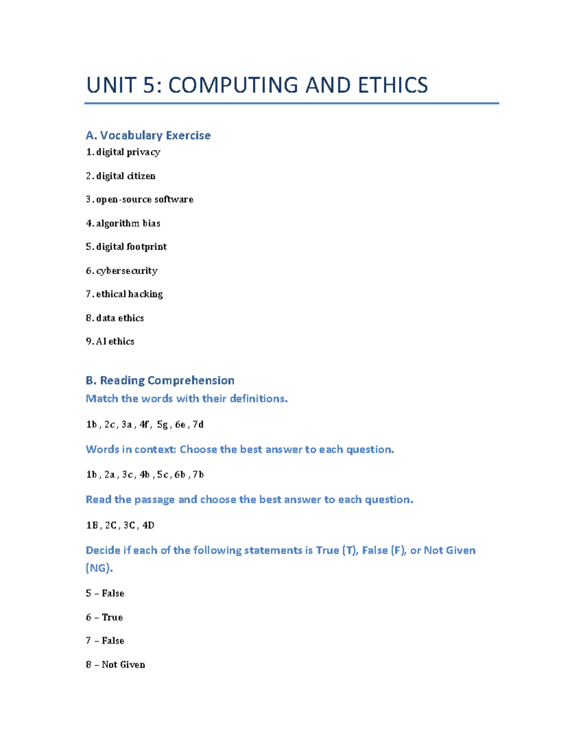 UNIT 5: Computing and Ethics - Vocabulary & Writing Skills Guide - Studocu
