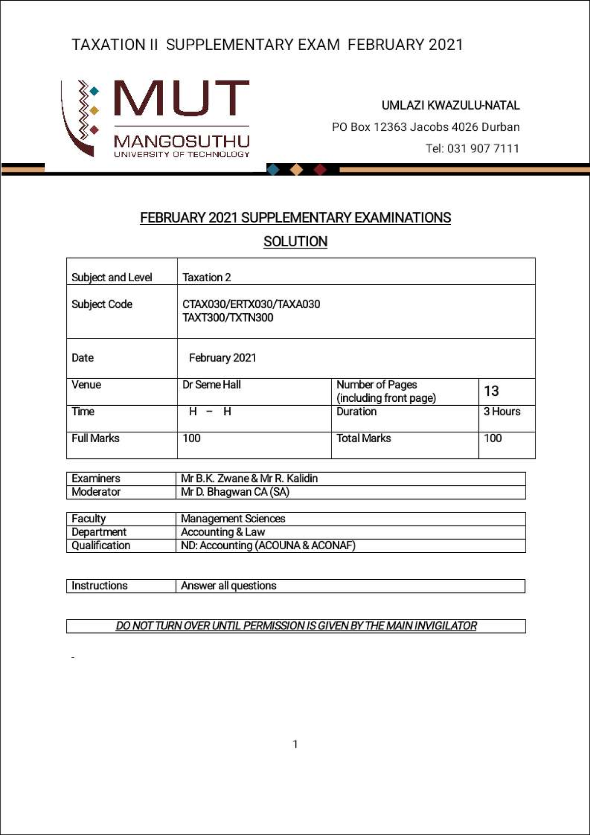 TAXATION II SUPPLEMENTARY EXAM SOLUTIONS FEBRUARY 2021 MUT - Studocu