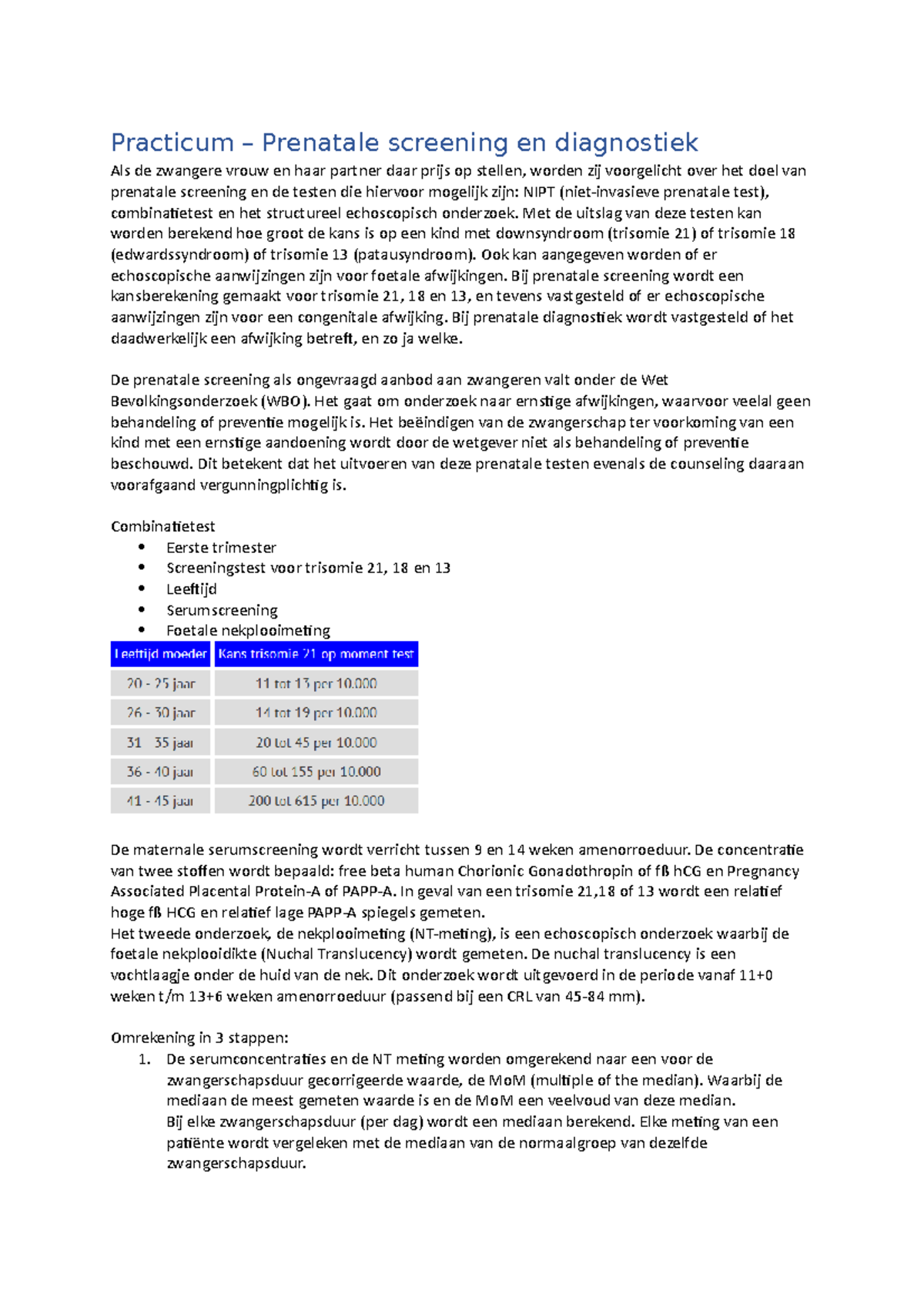 Practicum – Prenatale Screening en Diagnostiek voor Gezondheid 101 ...