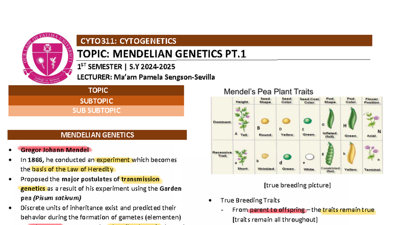 CYTO311: Mendelian Genetics Lecture Notes - Part 1 - Studocu