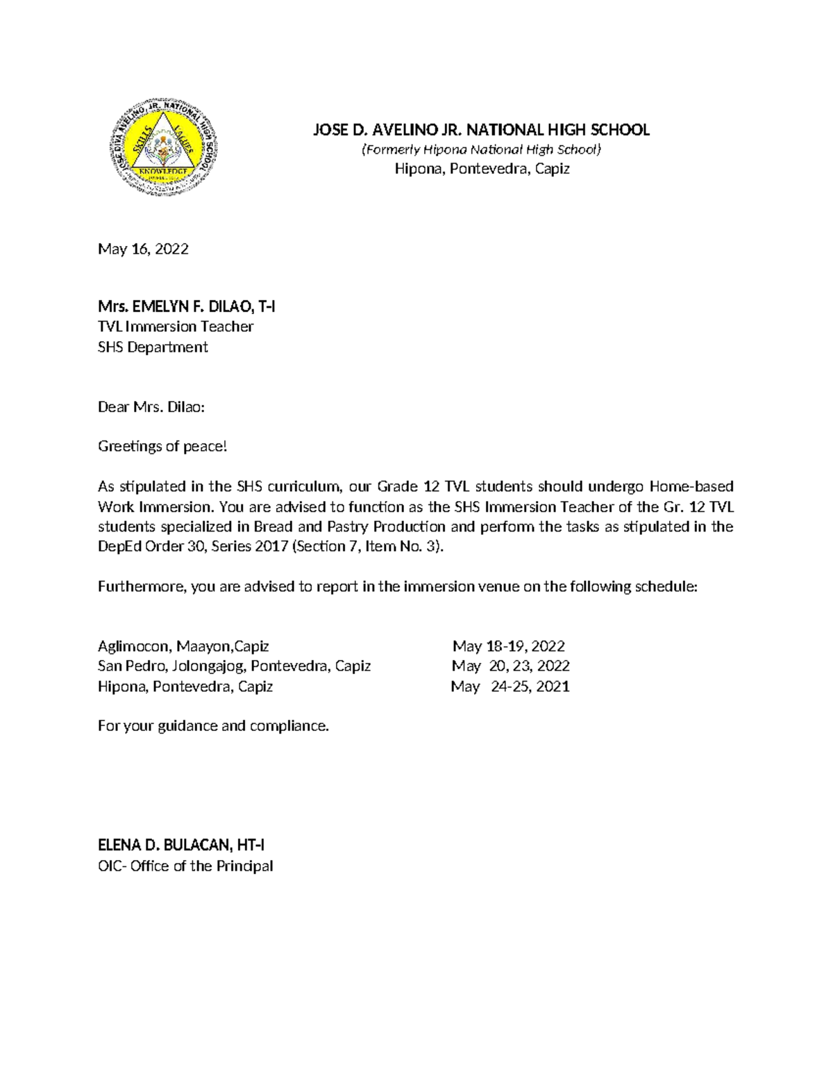 Authority Letter for Grade 12 TVL Immersion - May 2022 - Studocu