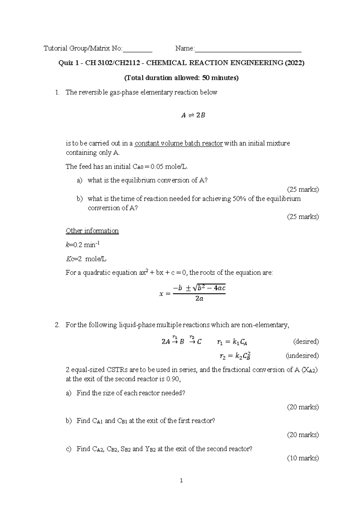 CH3102 CA1 Quiz 1 - Chemical Reaction Engineering Questions - Studocu