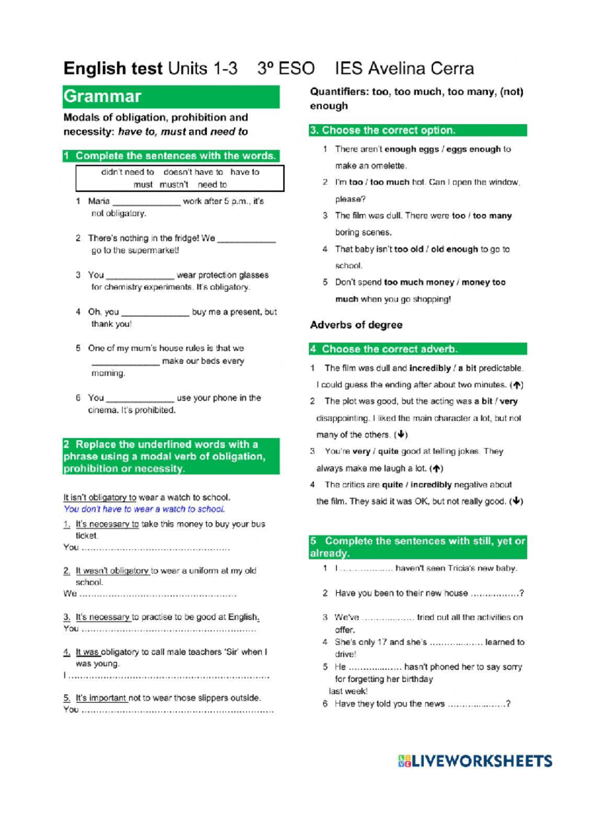 UNIT 1-3 English Test: Grammar, Modals & Adverbs of Degree - Studocu