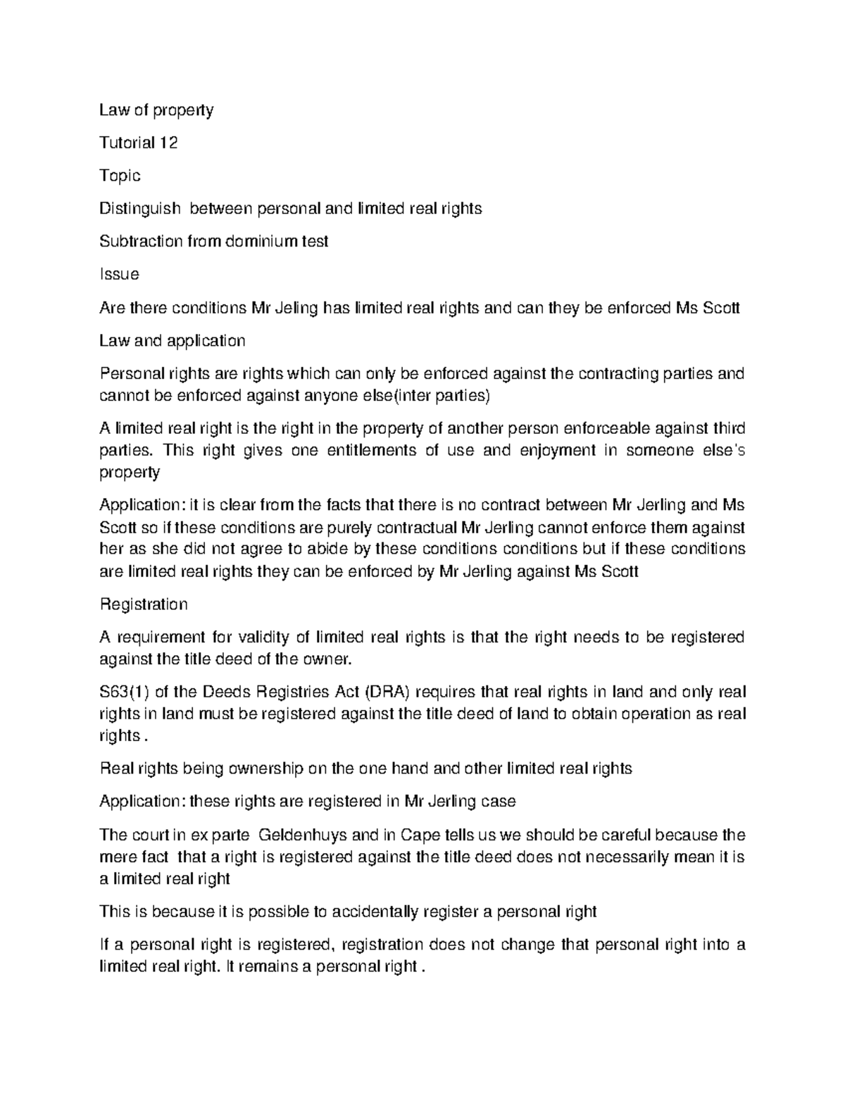 Law of Property Tutorial 12: Distinguishing Real Rights & Applications ...