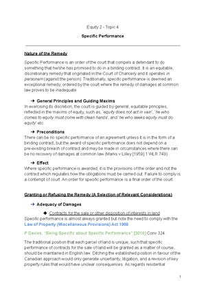 Specific Performance - Lecture Notes - Equity II Topic 4: Specific ...