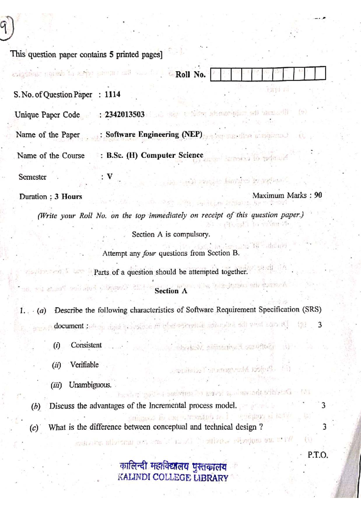 Software Engineering (NEP) B.Sc. (H) CS Sem V Question Paper - Studocu