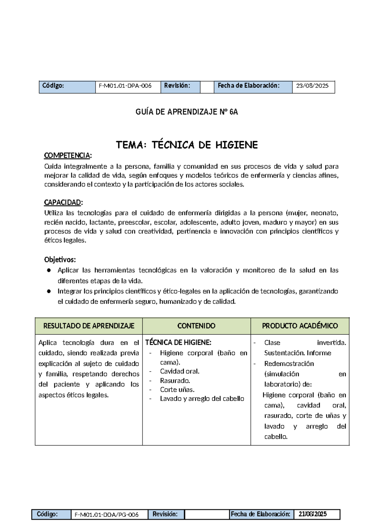 GUÍA DE APRENDIZAJE Nº 6A: TÉCNICAS DE HIGIENE EN ENFERMERÍA - Studocu
