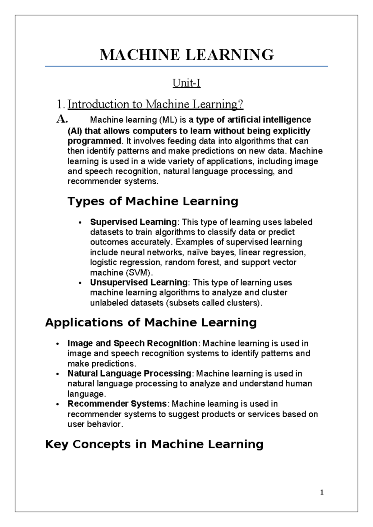 Machine Learning Unit-1 - MACHINE LEARNING Unit-I 1. Introduction to ...