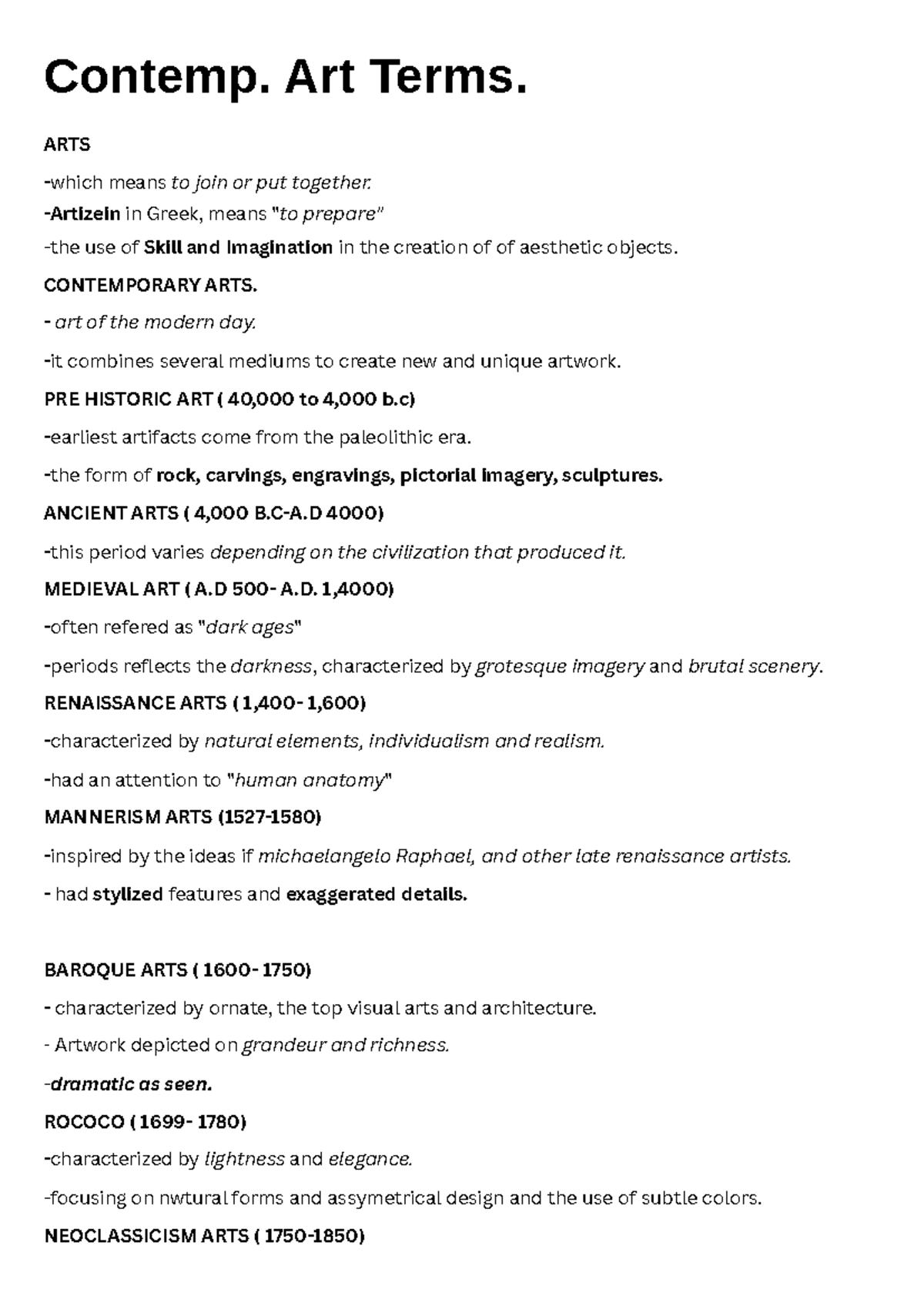 Contemp. Art Terms: Overview of Movements and Elements for ARTS 101 ...