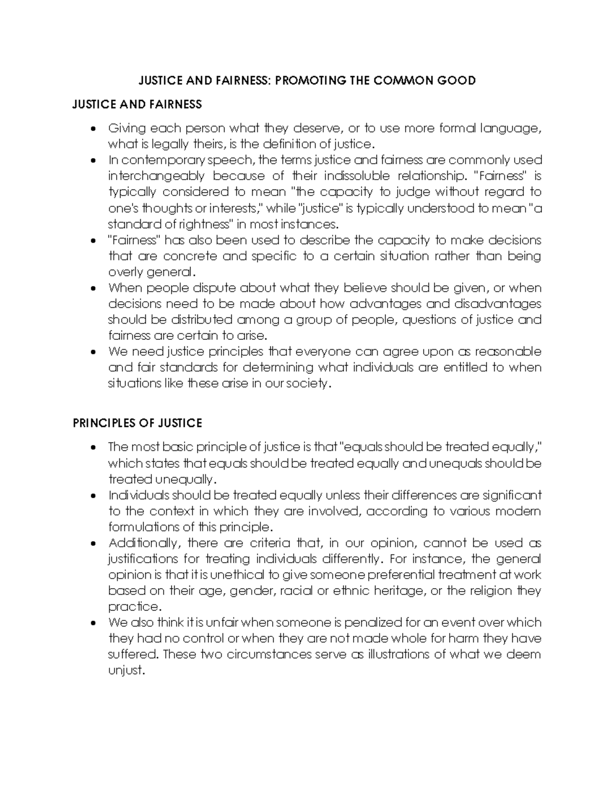Justice and Fairness: Promoting the Common Good Insights - Studocu