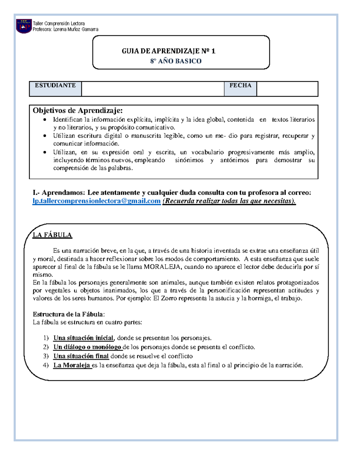 Guía N°1: Taller de Comprensión Lectora - 8° Año Básico - Studocu