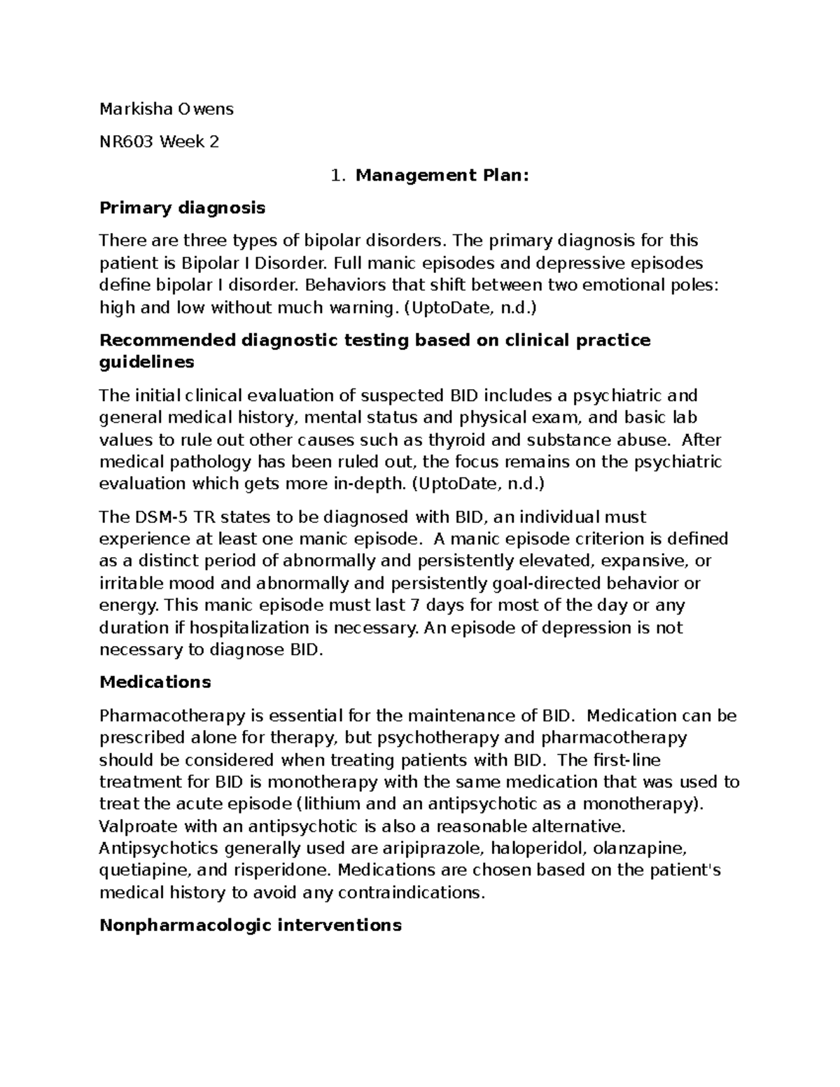NR603 Week 2: Management Plan for Bipolar I Disorder Evaluation - Studocu