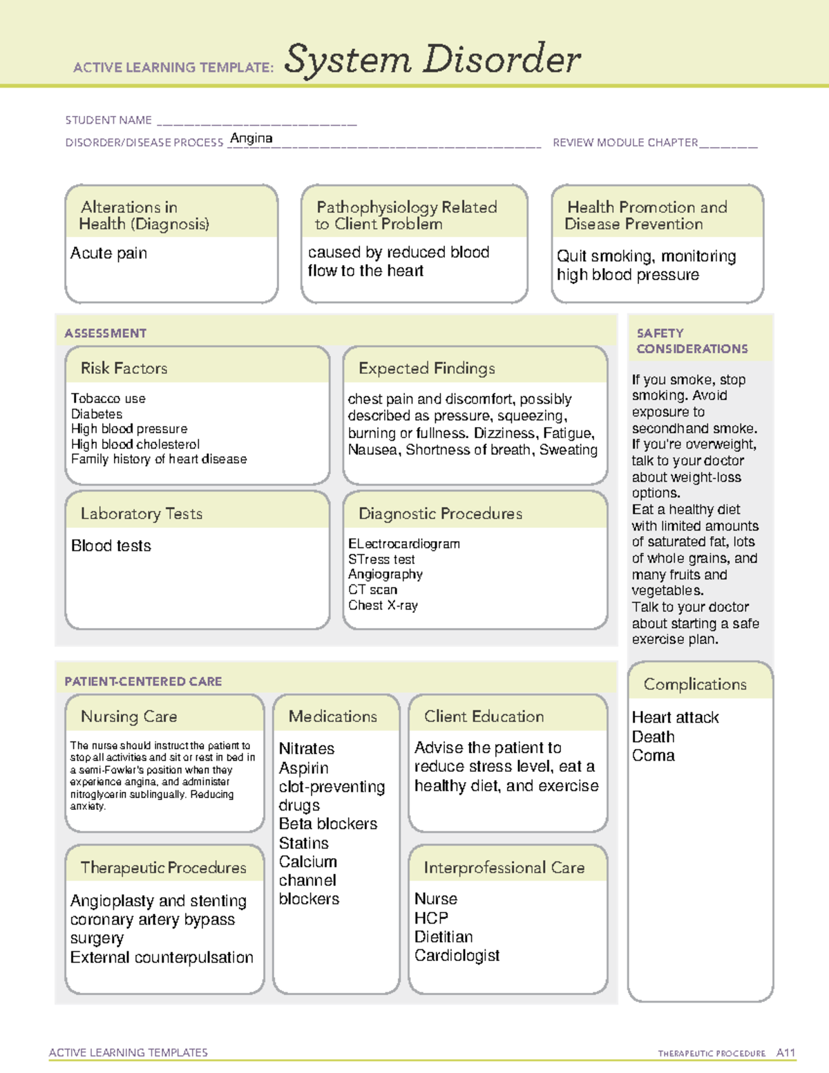 Angina - ATI - ACTIVE LEARNING TEMPLATES THERAPEUTIC PROCEDURE A System ...