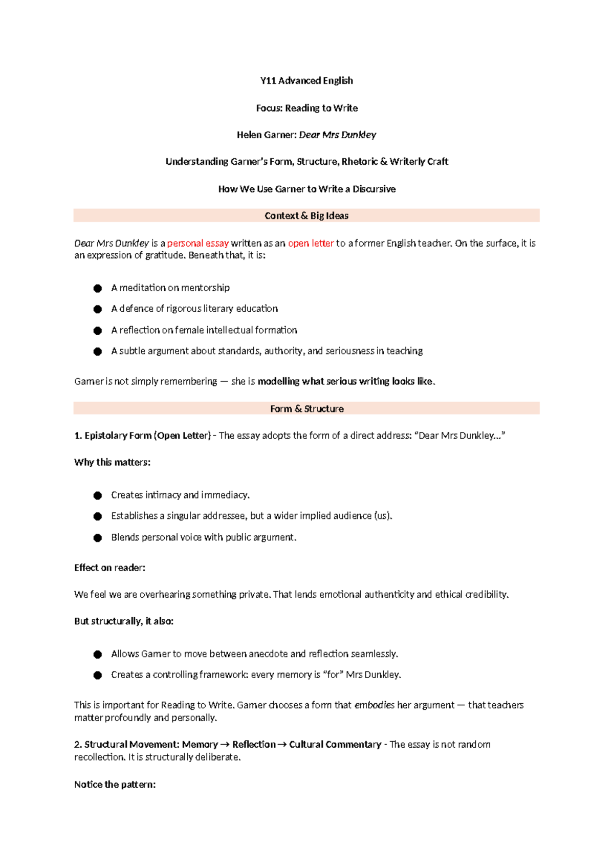 Y11 Advanced English: Analyzing Helen Garner's "Dear Mrs Dunkley" - Studocu