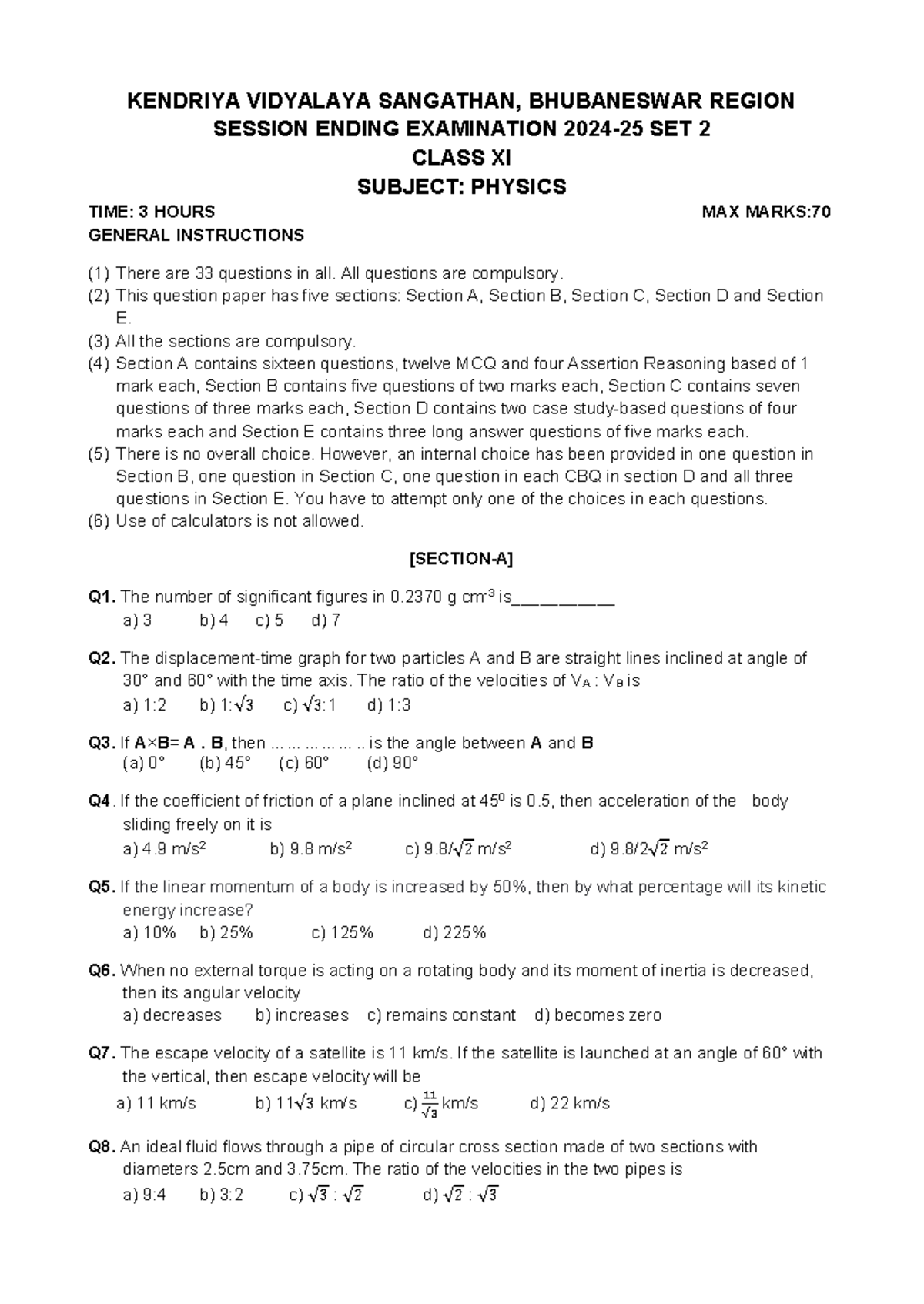 QP XI Physics - Session Ending Exam Set 2 (Max Marks: 70) - Studocu