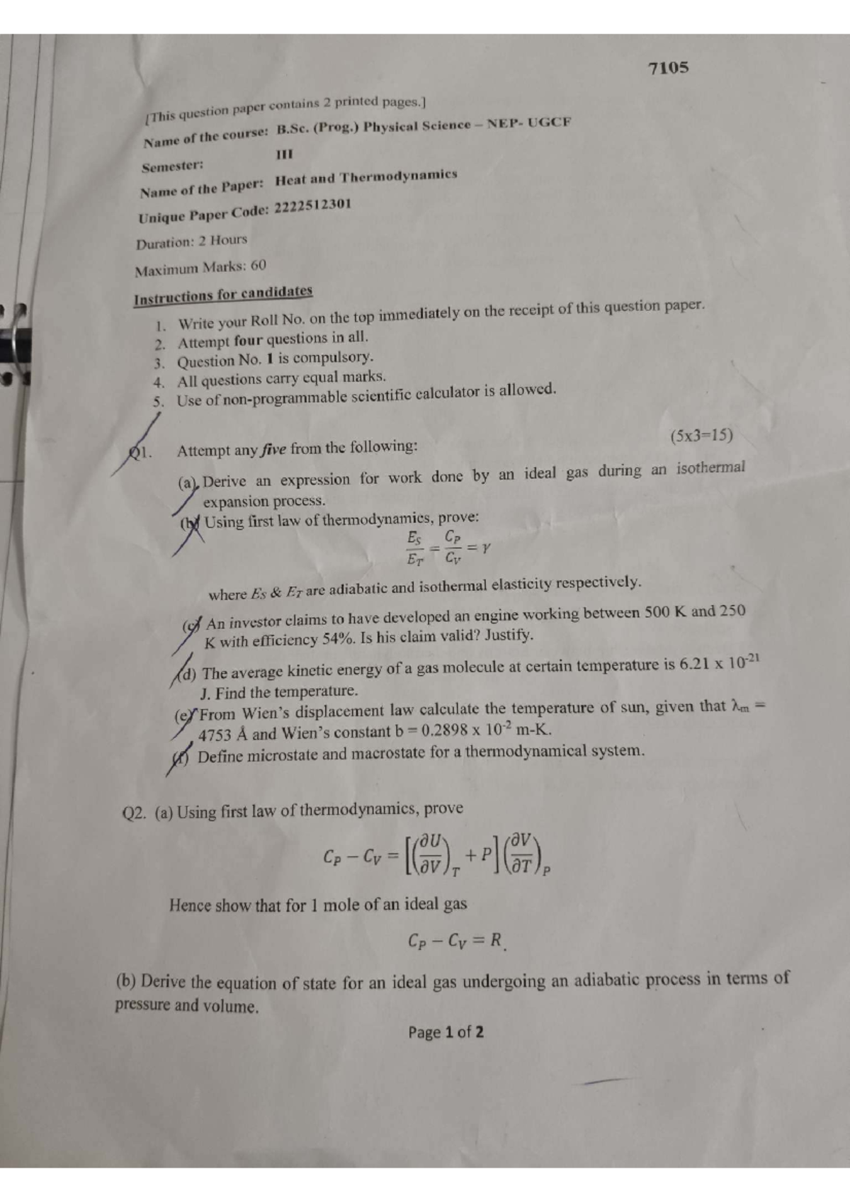 B.Sc. Physical Science 7105: Heat & Thermodynamics Exam Paper - Studocu