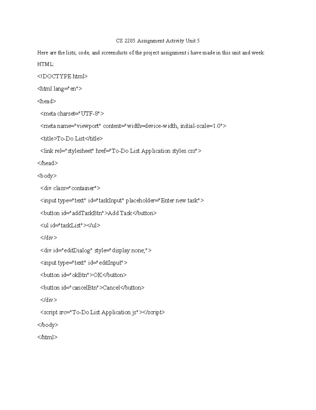 CS 2205 Unit 5 Assignment: Dynamic List Application Development - Studocu