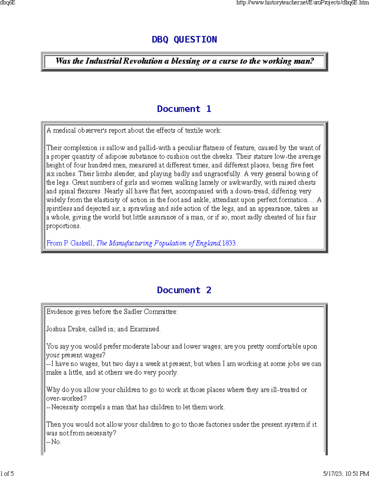 AP Euro DBQ: The Industrial Revolution - Blessing or Curse for Workers ...