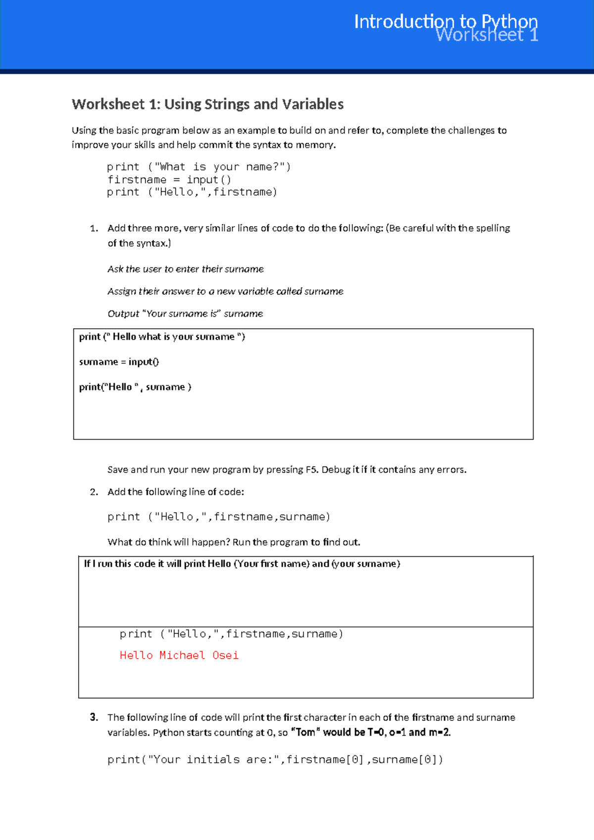 Python Worksheet 1: Strings & Variables Exercises and Challenges - Studocu