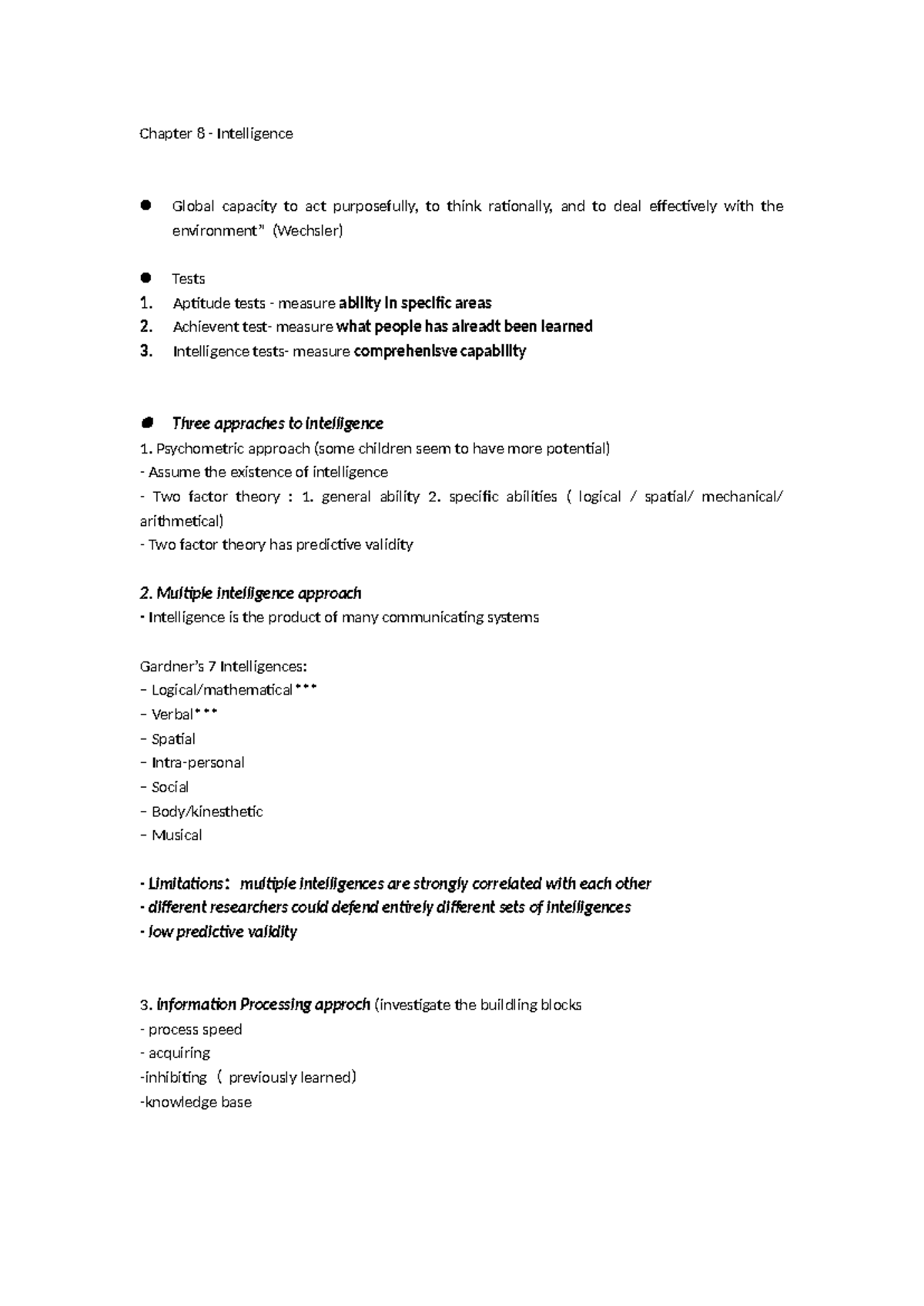 Chapter 8 notes - Chapter 8 - Intelligence Global capacity to act ...