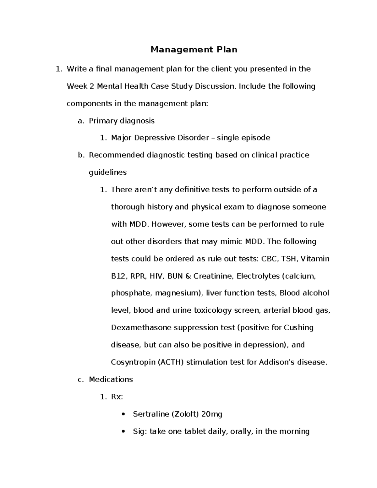 Management Plan for Major Depressive Disorder (MDD): Final Assessment ...