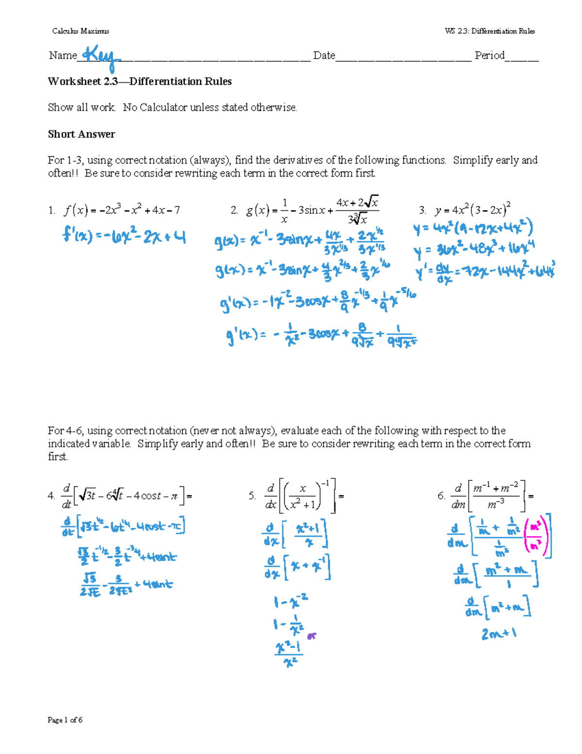 Calculus Maximus WS 02.3: Differentiation Rules Worksheet - Studocu