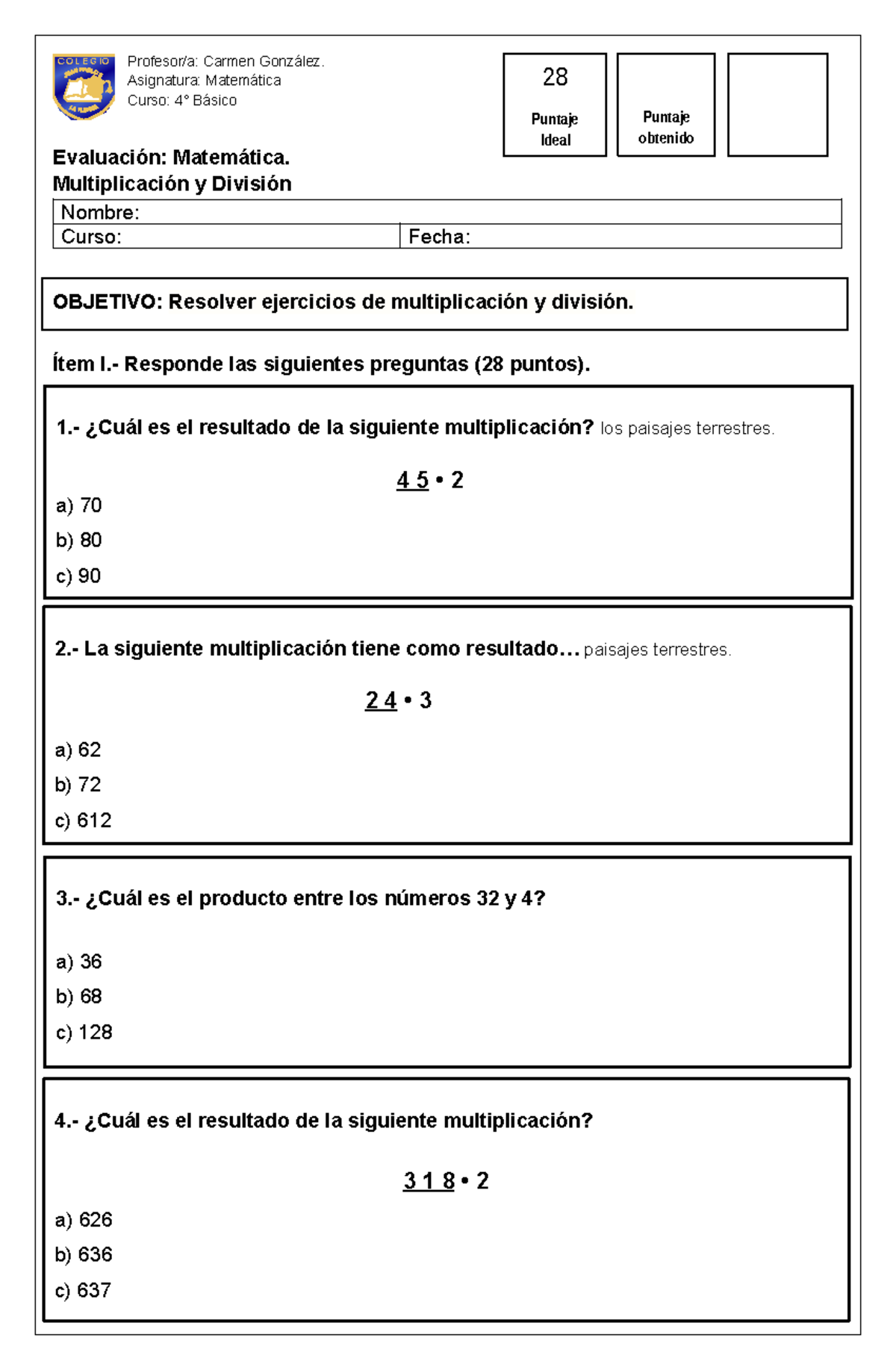 Prueba Unidad: Multiplicación y División - Matemática Básico - Studocu