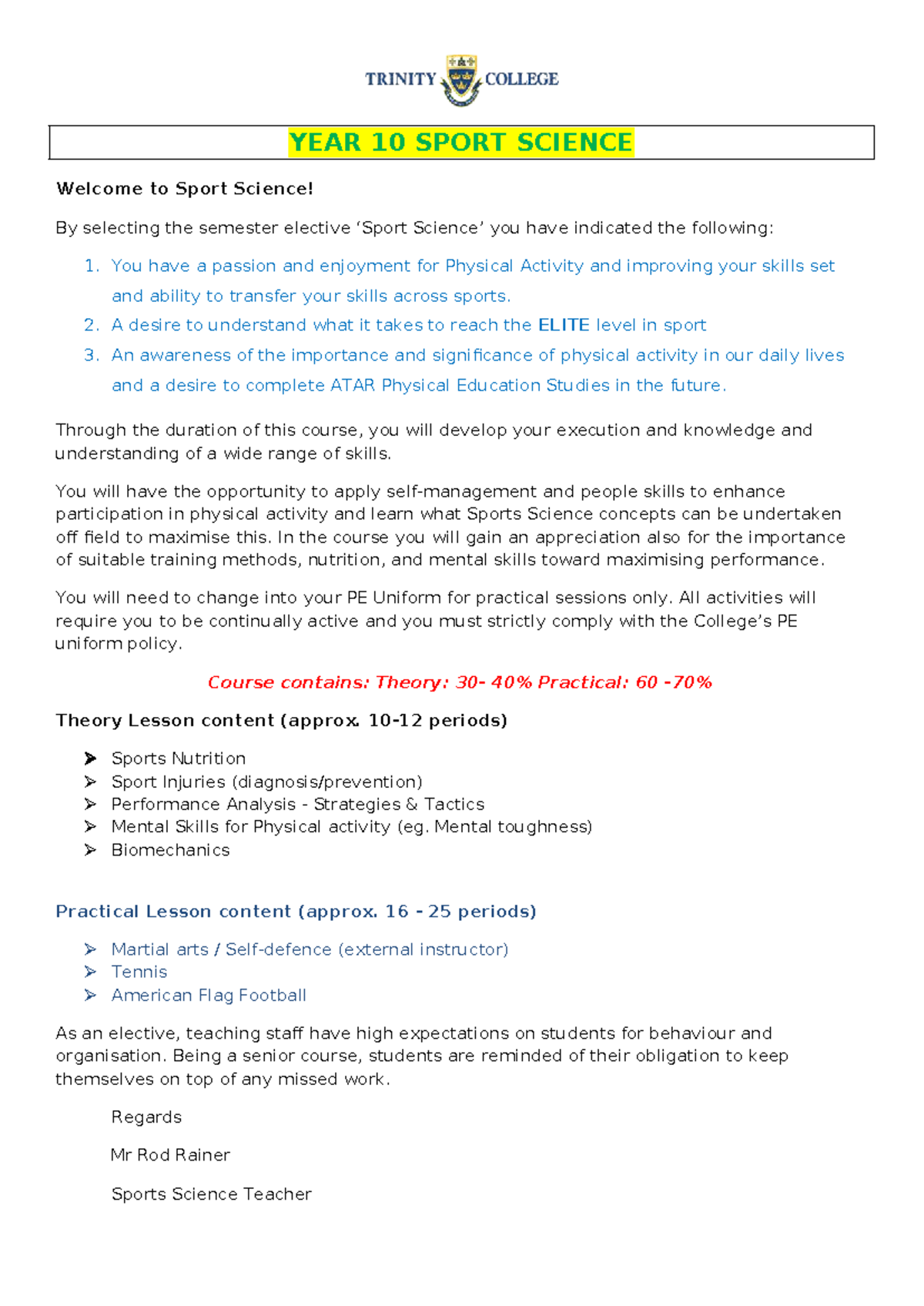 YEAR 10 SPORT SCIENCE Elective Overview and Course Expectations - Studocu