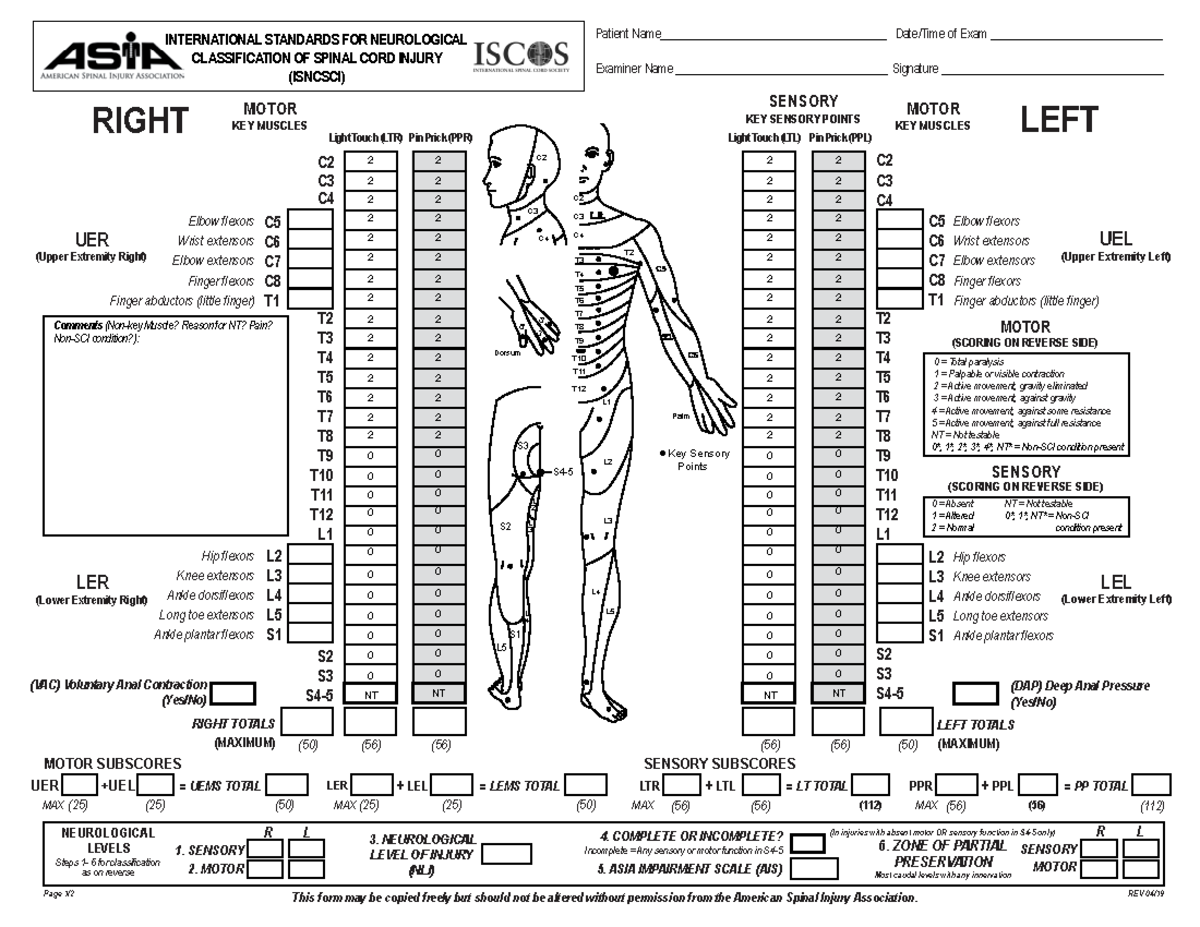 ISNCSCI Assessment Worksheet (ASIA-ISCS-Intl) for Spinal Cord Injury ...