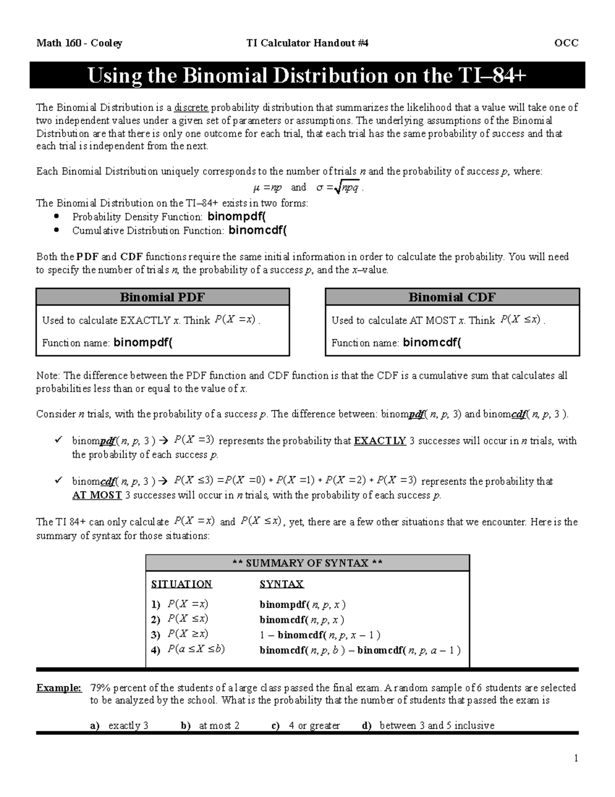 Math160 - Binomial Distribution Guide for TI-84+ Calculators - Studocu
