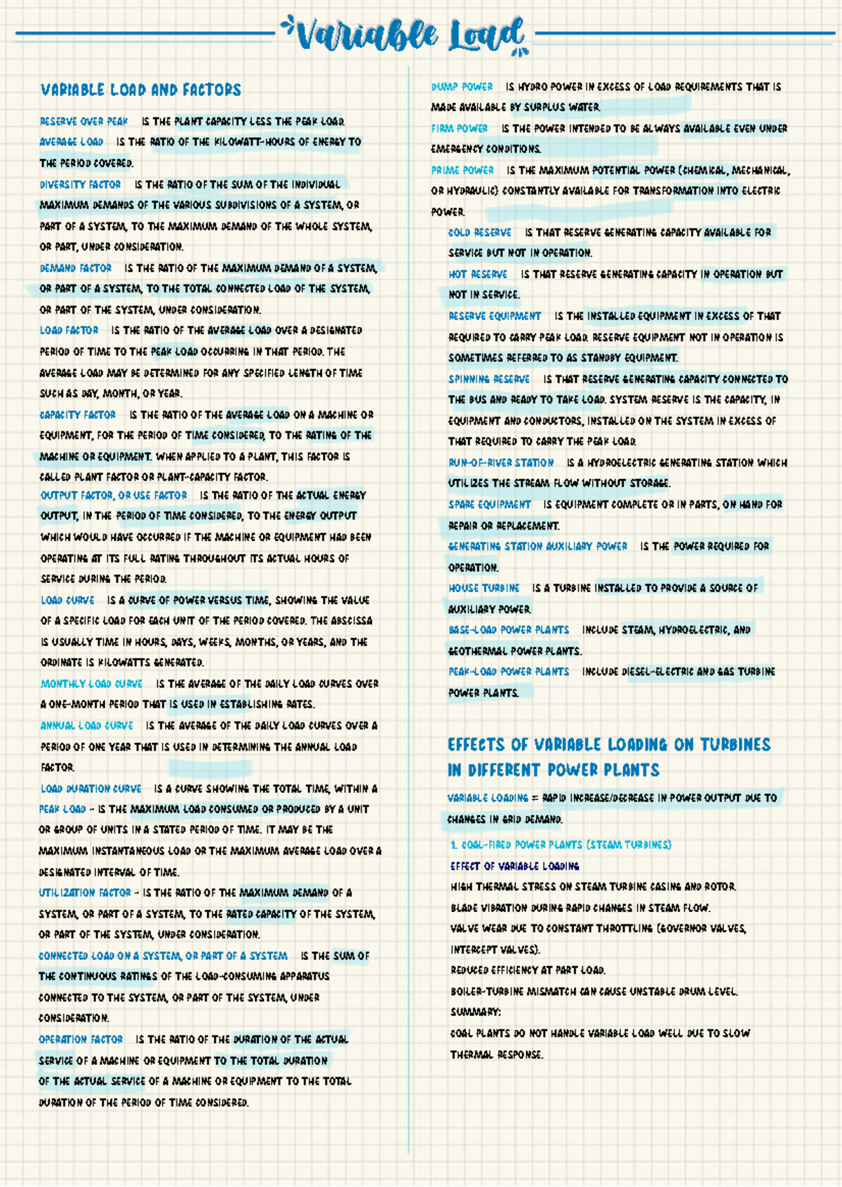 Variable Load Factors and Their Impact on Power Plants - Notes - Studocu