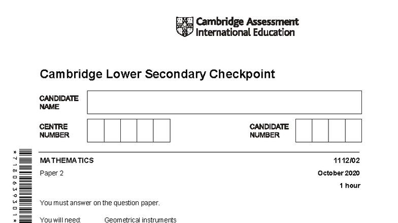 Cambridge Secondary Checkpoint - Mathematics (1112) Oct 2020 Paper 2 ...