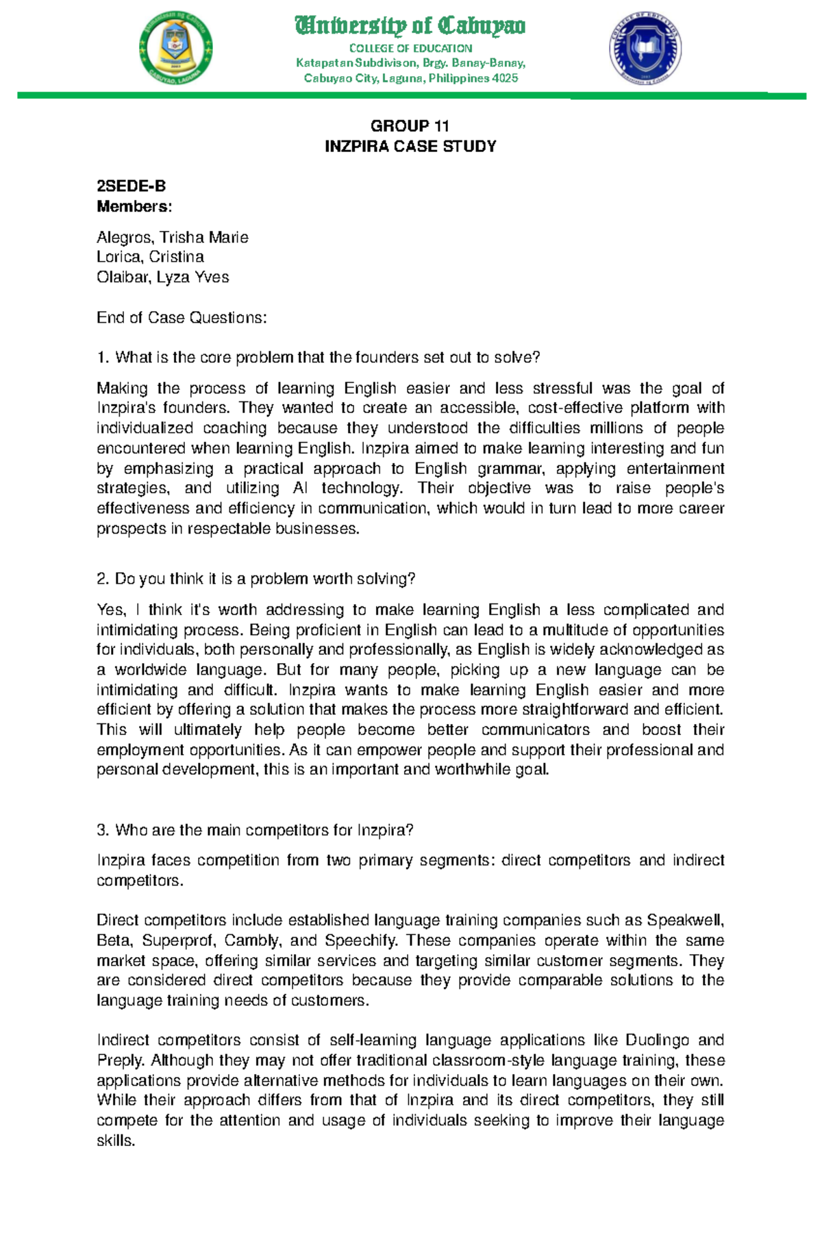 Group 11 Inzpira Case Study - Educational Solutions Analysis 2SEDE-B ...