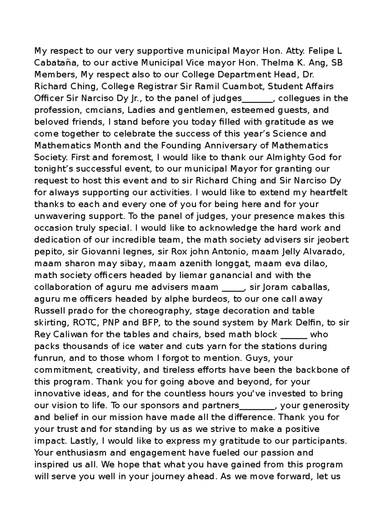 Acknowledgement of Support for Science and Mathematics Month Event ...