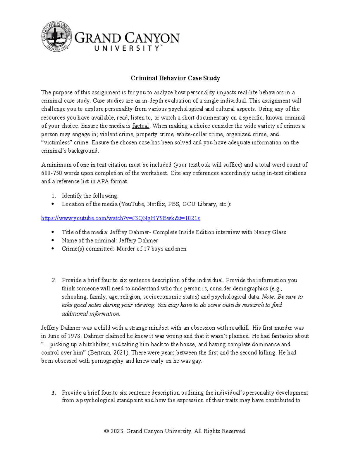 PSY 255 RS T1 Criminal Behavior: Analyzing Jeffery Dahmer's Case Study ...