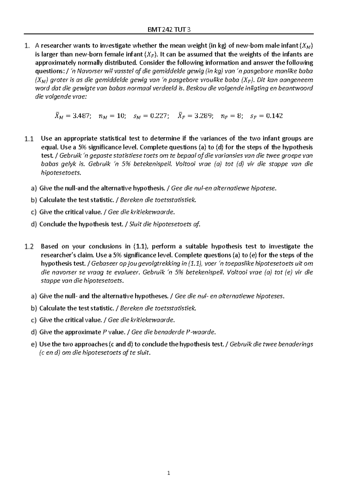BMT 242 TUT 3 - Hypothesis Testing for Infant Weights and Scores - Studocu