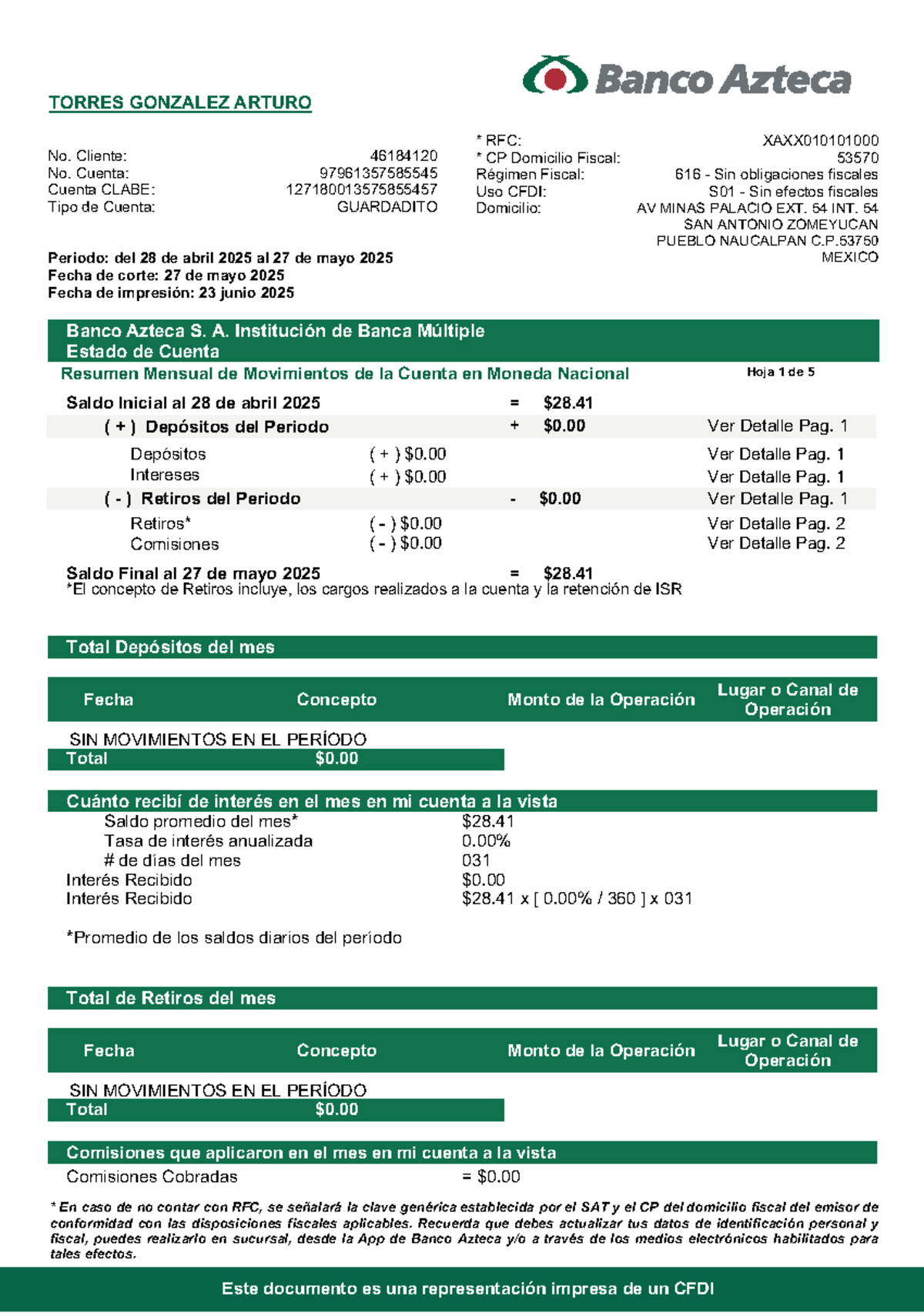 Estado de Cuenta Mensual - Banco Azteca - Ejemplo 1111 - Studocu