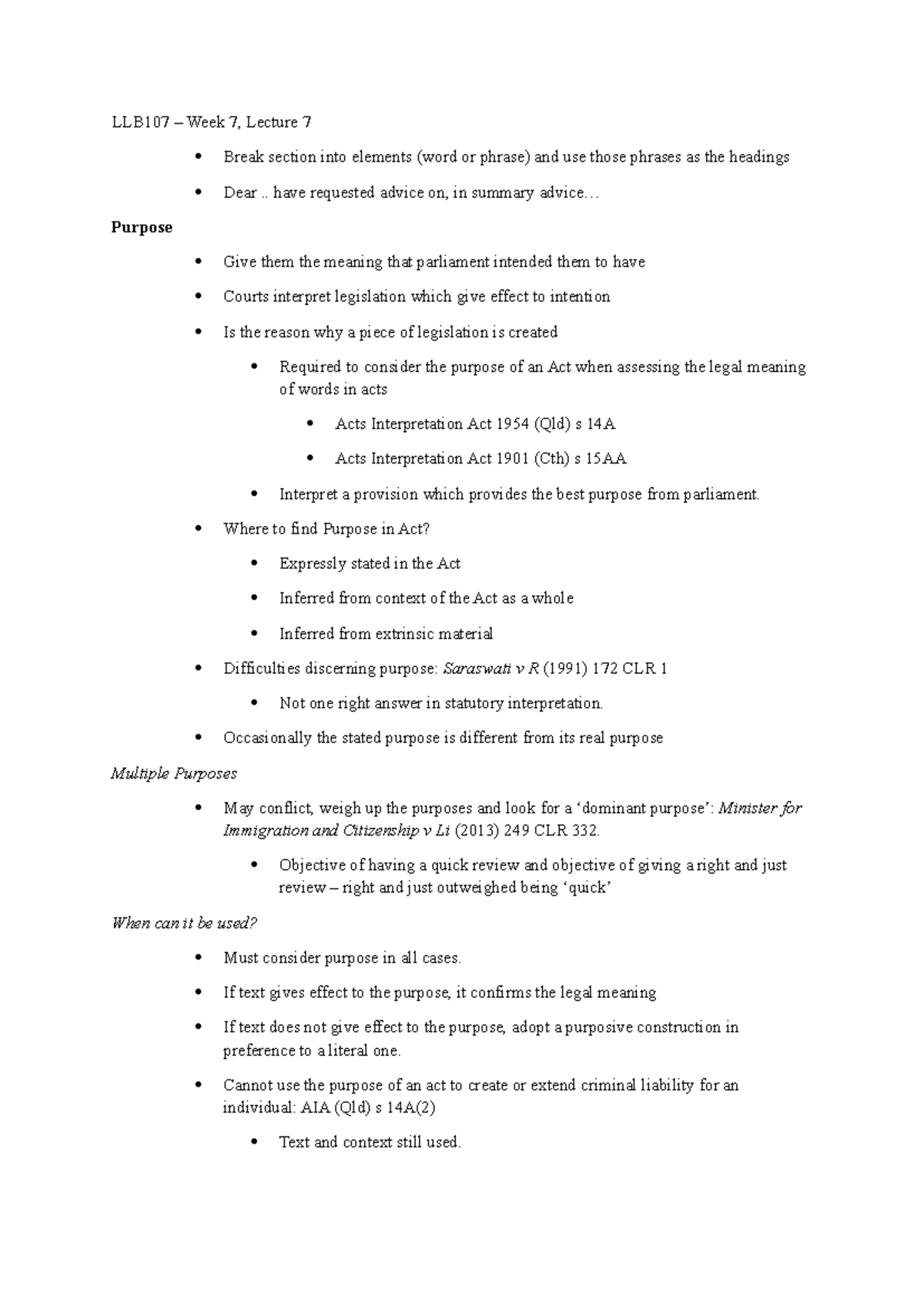 LLB107 Week 7 Lecture Notes: Understanding Statutory Interpretation ...