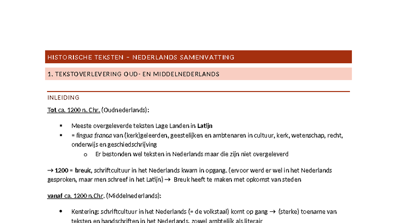 HISTORISCHE TEKSTEN NEDERLANDS SAMENVATTING 1: MIDDELNEDERLANDS EN ...