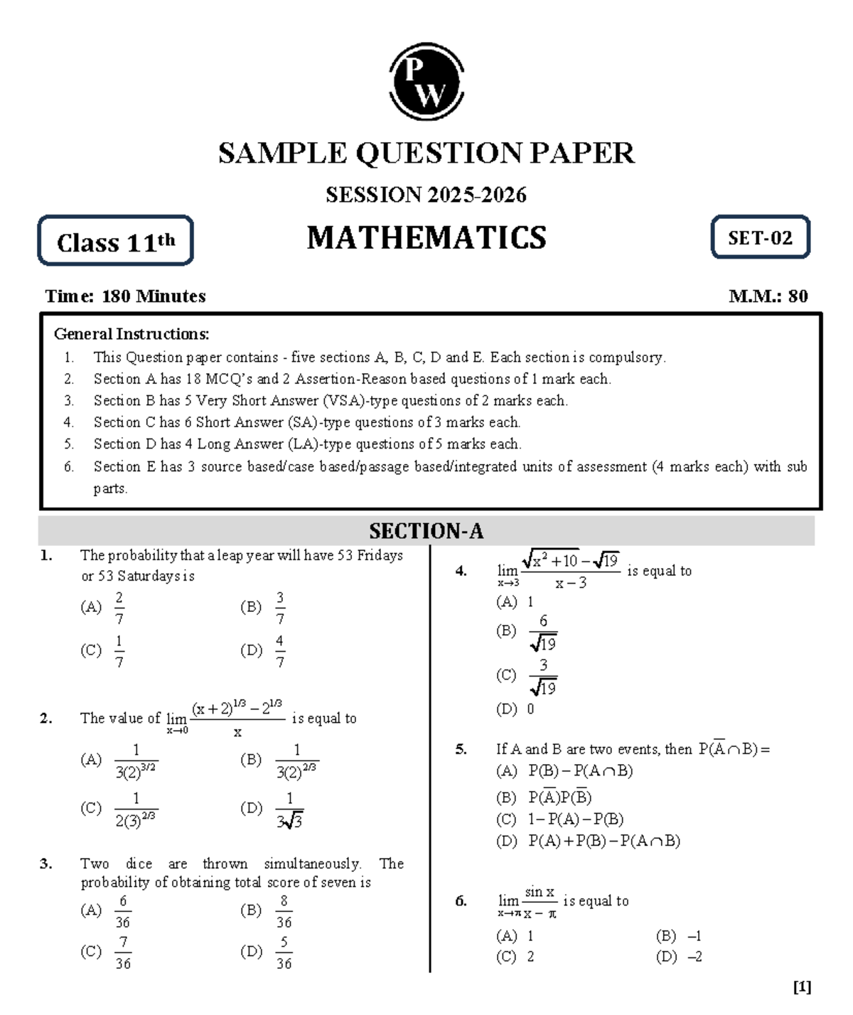 Mathematics Class 11th Sample Question Paper - Session Exam - Studocu