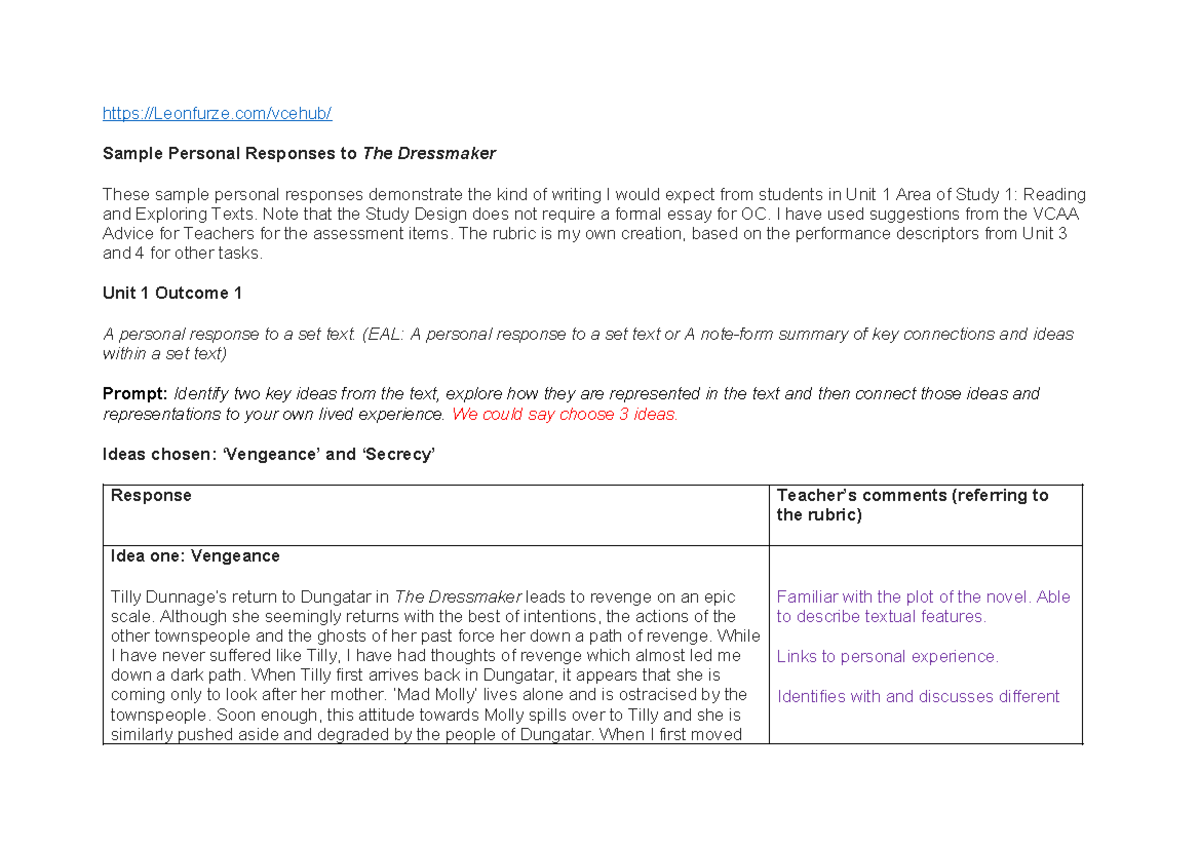 Unit 1 AOS 1: Personal Responses to The Dressmaker - Studocu