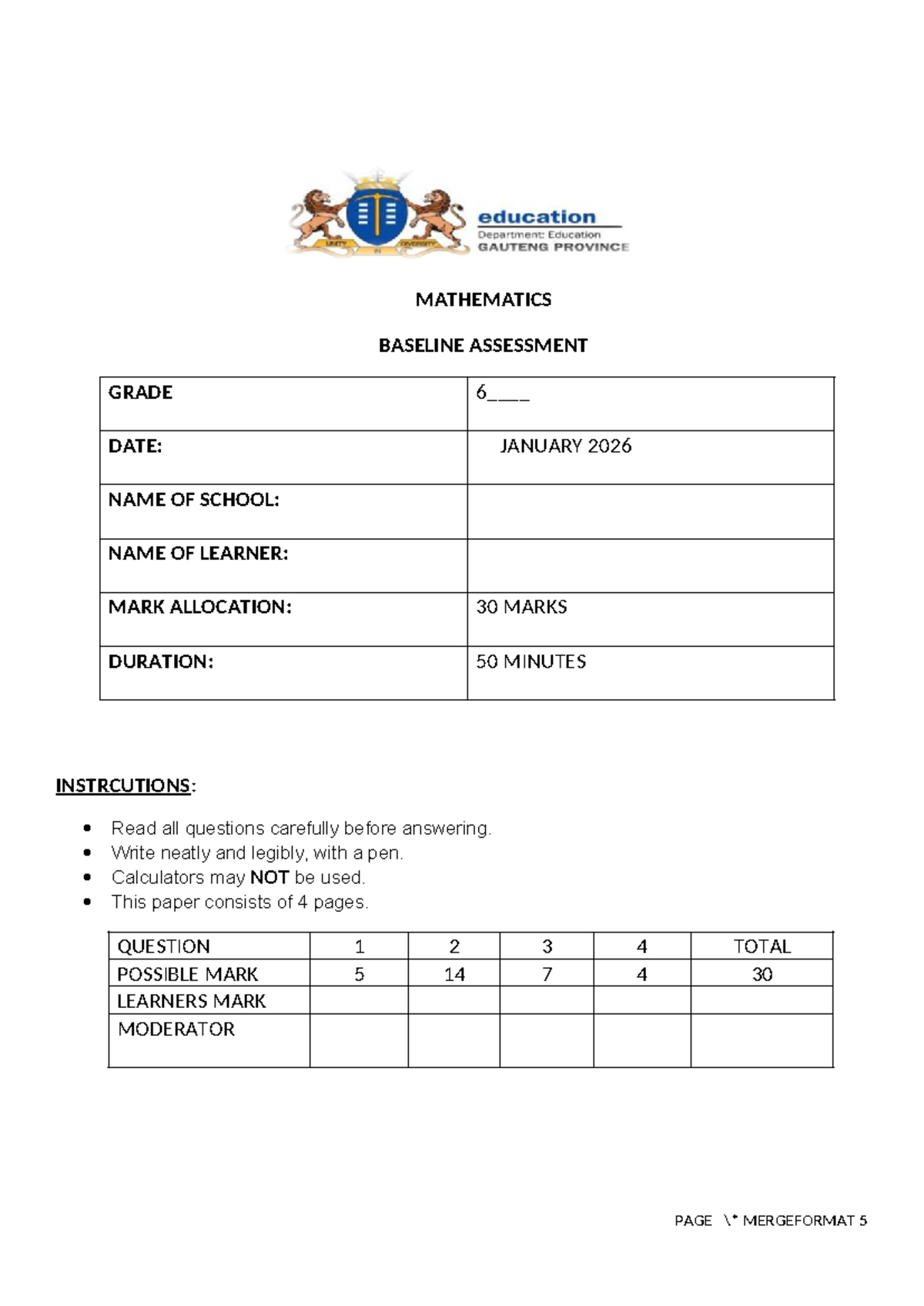 Grade 6 Mathematics Baseline Assessment Term 1 2026 - Studocu