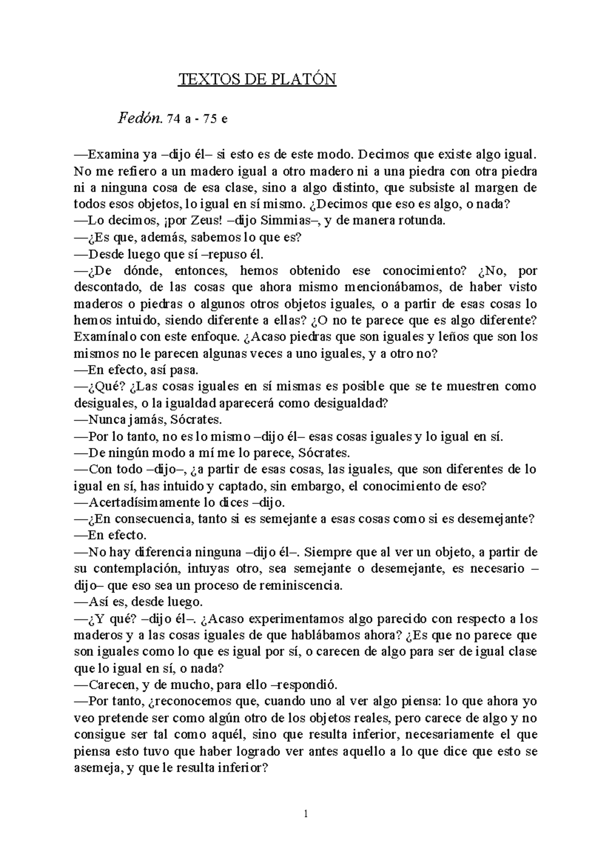 Textos de Platón: Análisis de Fedón (74a-75e) y la Igualdad en Sí - Studocu