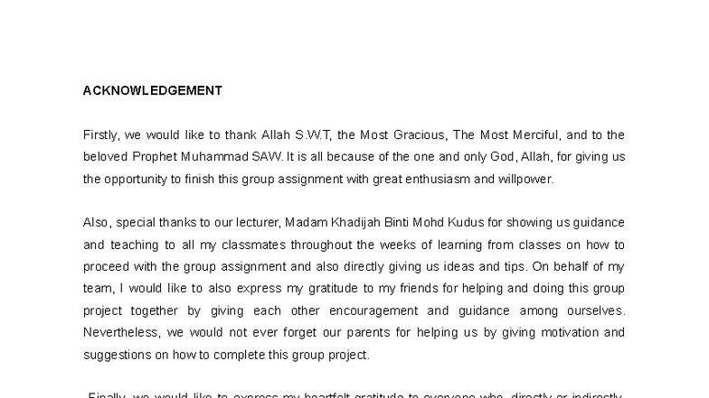 Acknowledgement for Group Assignment Completion - Studocu