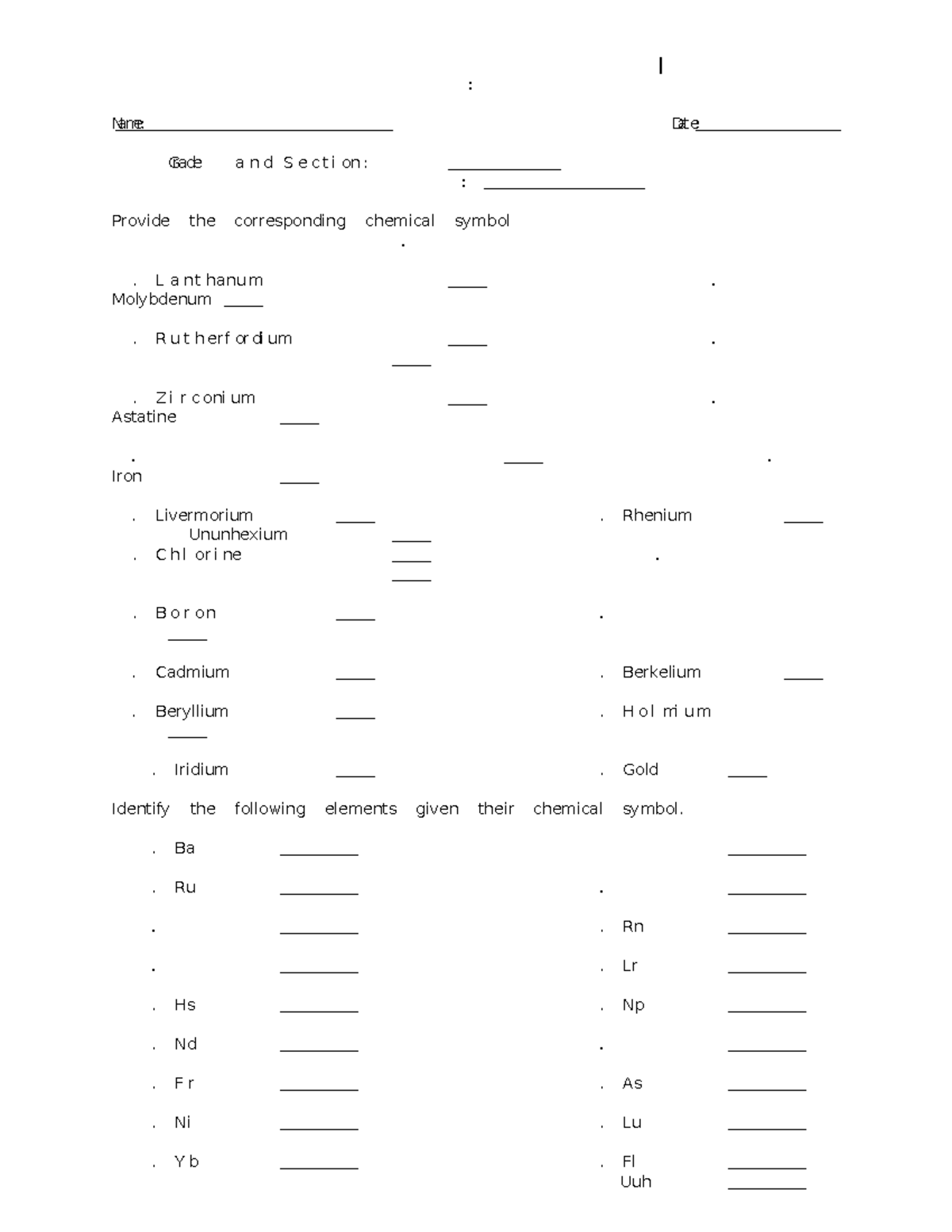 PHYSICAL SCIENCE CHEM 101: Worksheet 2 - Periodic Table Elements - Studocu