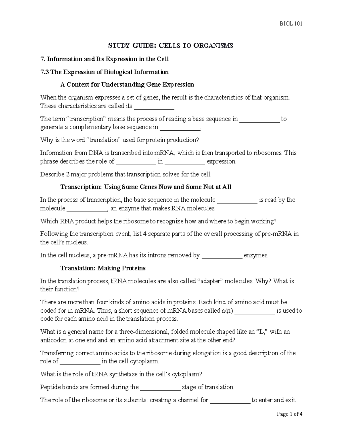 Study Guide: BIO101 Cells to Organisms - Gene Expression & Development ...